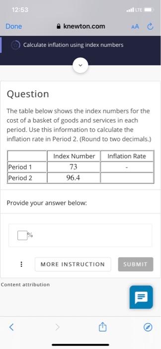 Solved 12:53 Hill Done knewton.com AA C Calculate inflation | Chegg.com