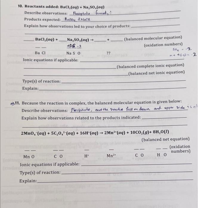 Solved 10. Reactants added: BaCl2(aq)+Na2SO4(aq) Describe | Chegg.com