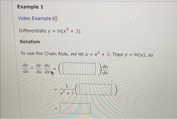 Solved Video Example (1)) Differentiate y=ln(x4+3) Solution | Chegg.com