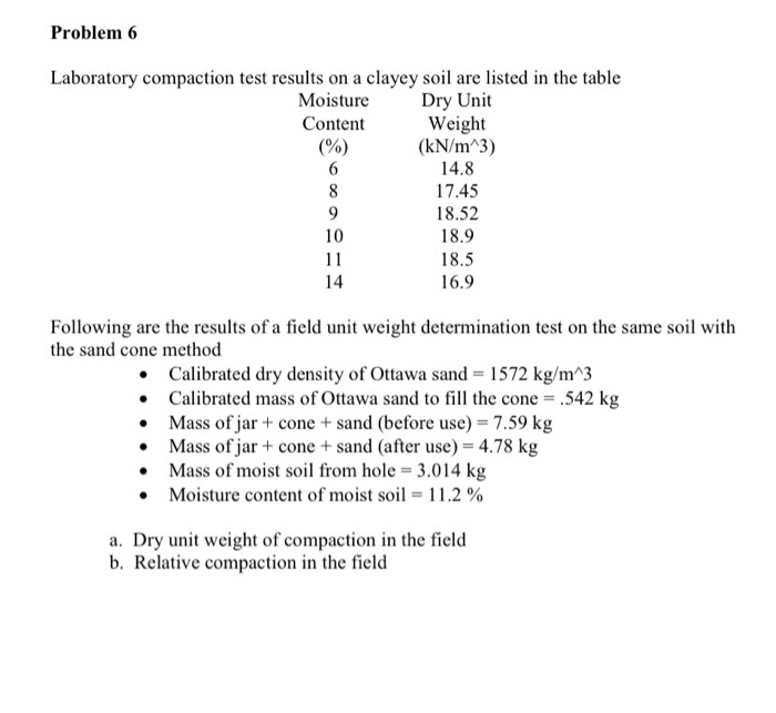 Problem 6 Laboratory Compaction Test Results On A