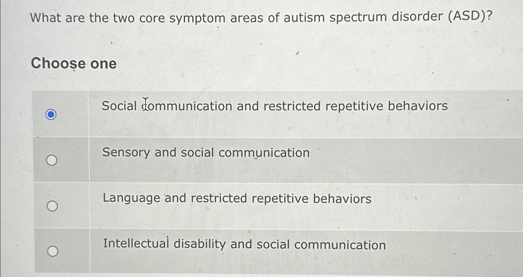 Solved What are the two core symptom areas of autism | Chegg.com
