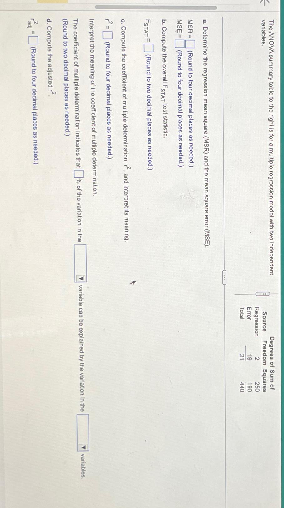 Solved The ANOVA summary table to the right is for a | Chegg.com