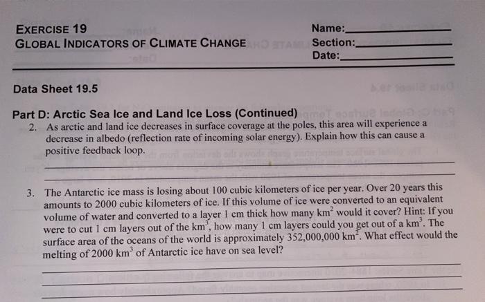 Solved EXERCISE 19 Name: GLOBAL INDICATORS OF CLIMATE CHANGE | Chegg.com