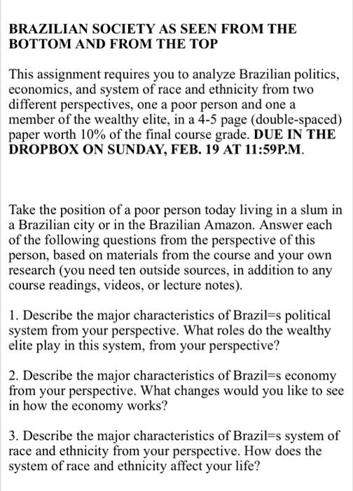 BRAZILIAN SOCIETY AS SEEN FROM THE BOTTOM AND FROM | Chegg.com