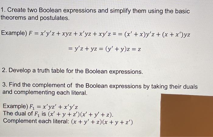 Solved 1. Create two Boolean expressions and simplify them | Chegg.com