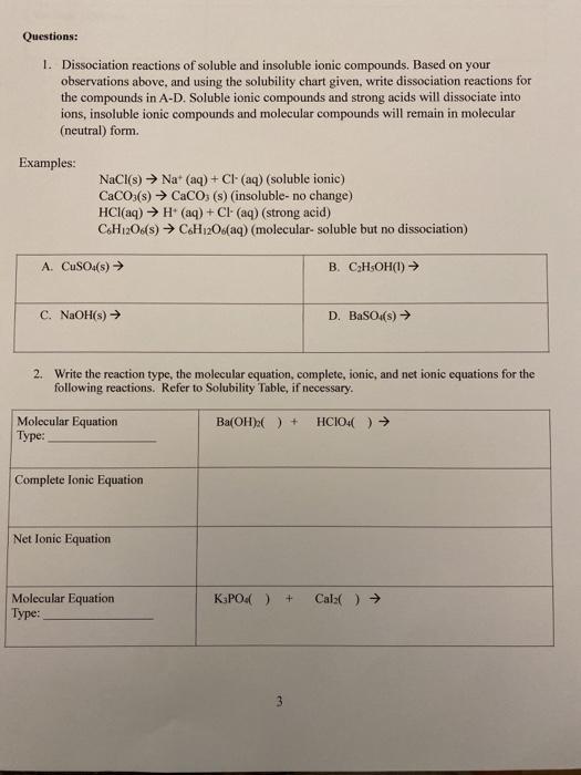 Solved Questions: 1. Dissociation reactions of soluble and | Chegg.com