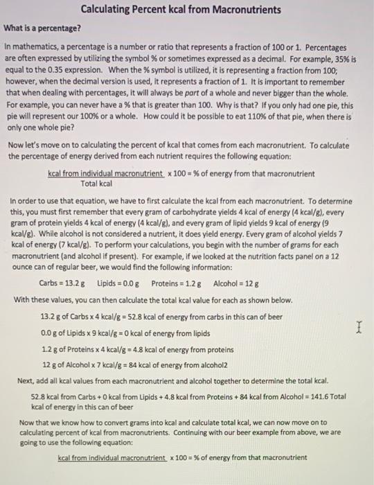 Solved Calculating Percent kcal from Macronutrients What is | Chegg.com