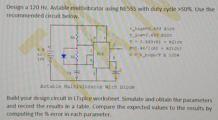 Solved Design a 120 Hz. Astable multivibrator using NE555 | Chegg.com