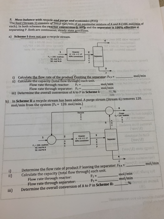 5. Mass balance with recycle and purge and economics | Chegg.com