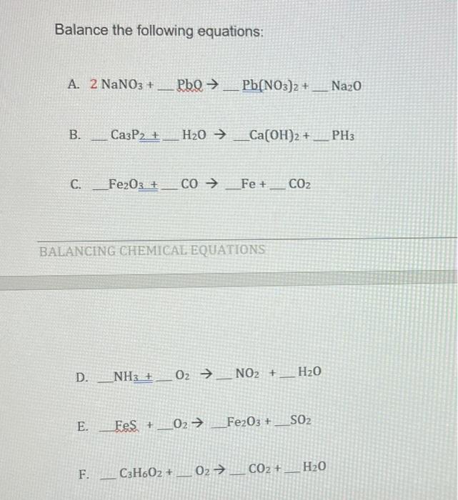 Solved Balance the following equations: A. 2 NaNO3 + PbQ → | Chegg.com
