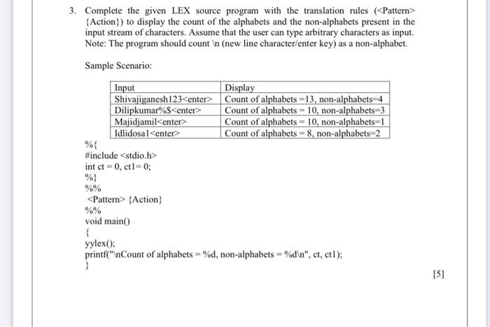 Solved 3. Complete the given LEX source program with the | Chegg.com