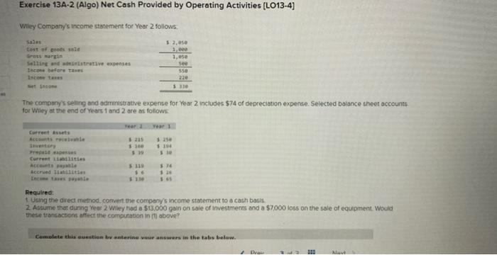 Solved Exercise 13 A.2 (Algo) Net Cash Provided by Operating | Chegg.com