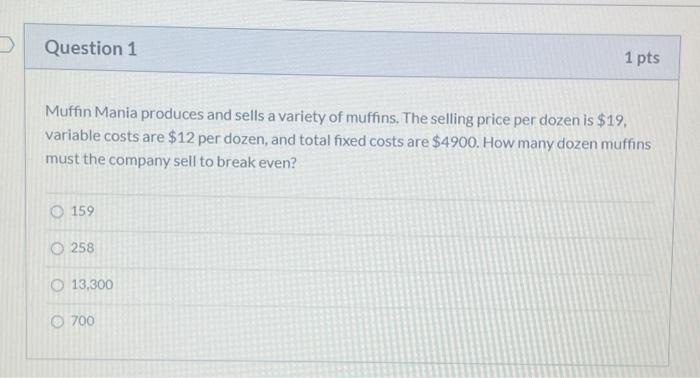 Solved D Question 2 1 pts Muffin Mania produces and sells a | Chegg.com