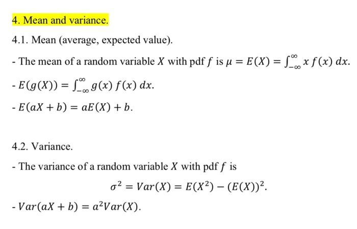 Solved 4. Mean and variance. 4.1. Mean (average, expected | Chegg.com