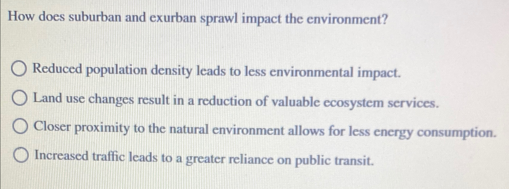 Solved How does suburban and exurban sprawl impact the | Chegg.com
