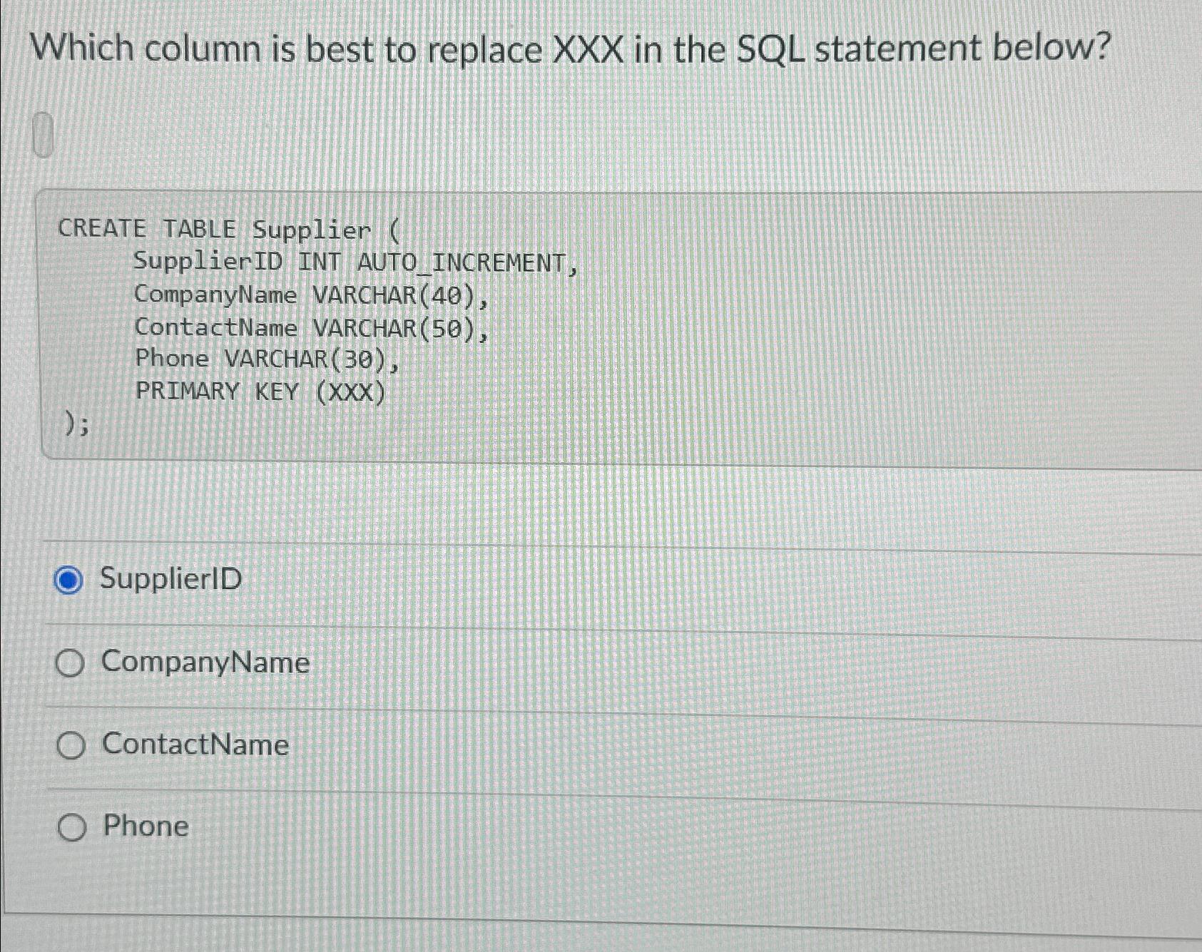 Solved Which column is best to replace XXX in the SQL | Chegg.com