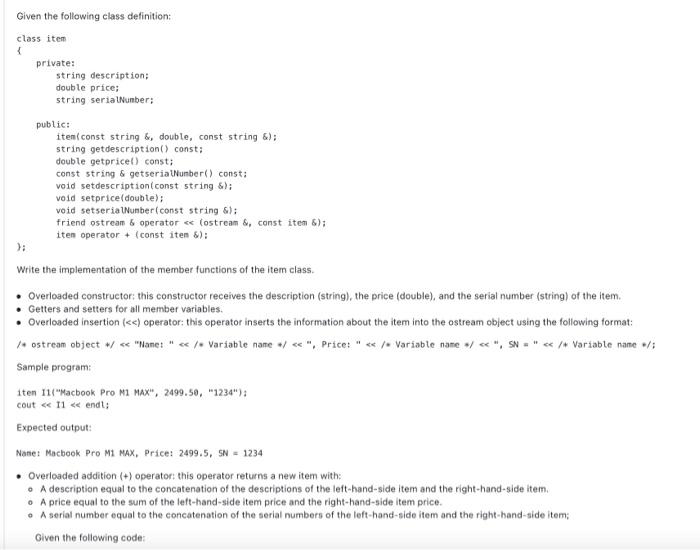 Solved Given the following class definition: class item