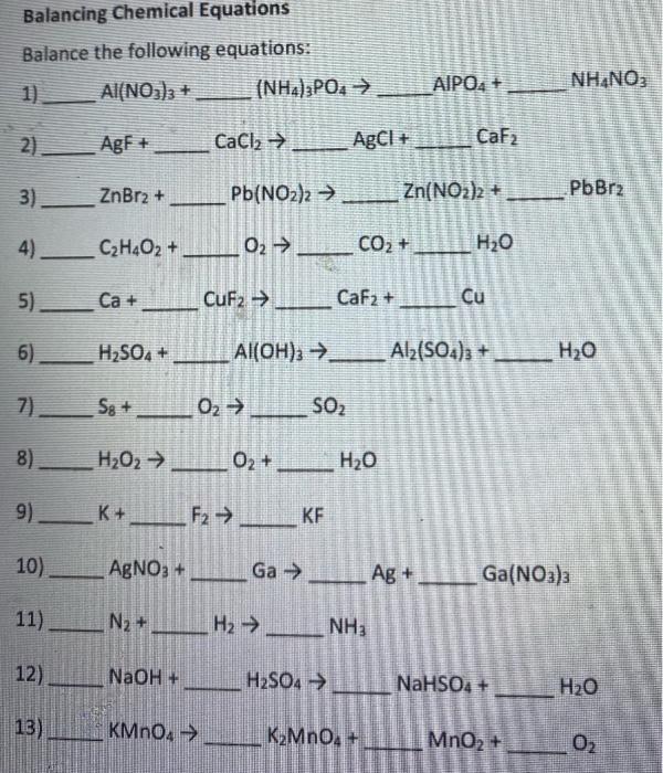 Solved Balancing Chemical Equations Balance the following | Chegg.com