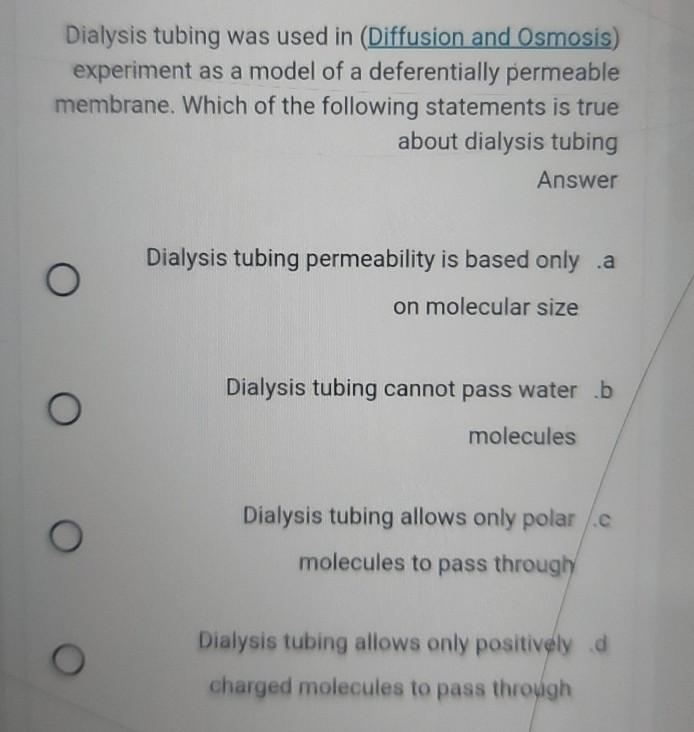 Solved Dialysis tubing was used in (Diffusion and Osmosis) | Chegg.com
