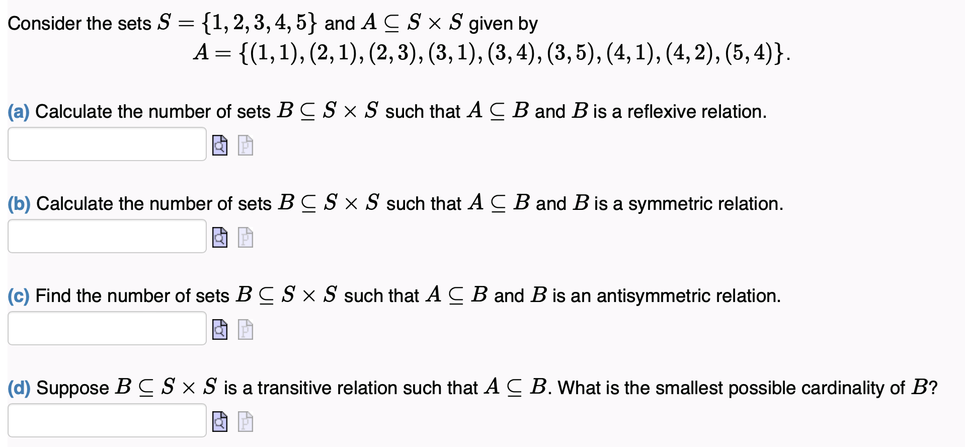 Solved Consider the sets S={1,2,3,4,5} ﻿and AsubeS×S ﻿given | Chegg.com