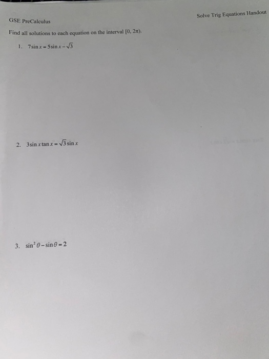 Solved Solve Trig Equations Handout Gse Precalculus Find All
