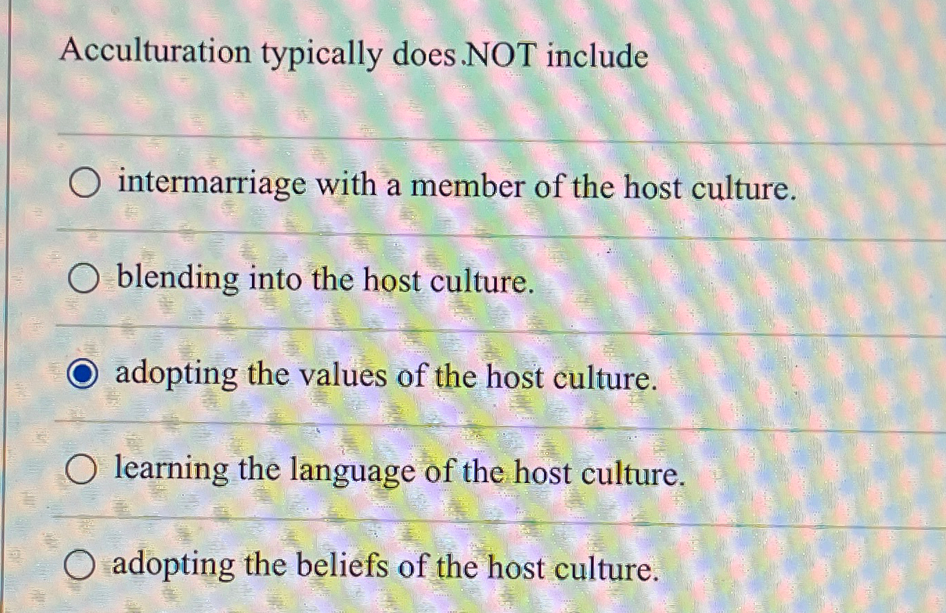 Solved Acculturation typically does.NOT includeintermarriage | Chegg.com