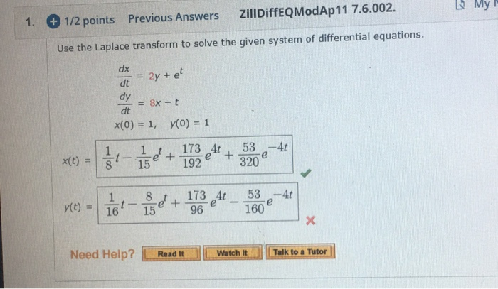 Solved My 1. + 1/2 points Previous Answers ZillDiffEQModAp | Chegg.com