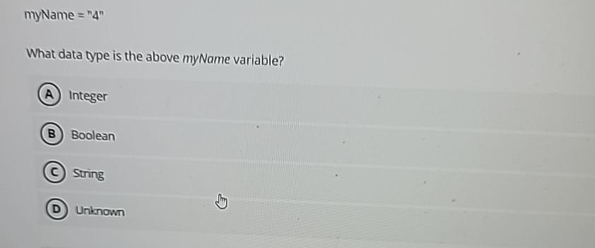 Solved myName = "4"What data type is the above myName | Chegg.com