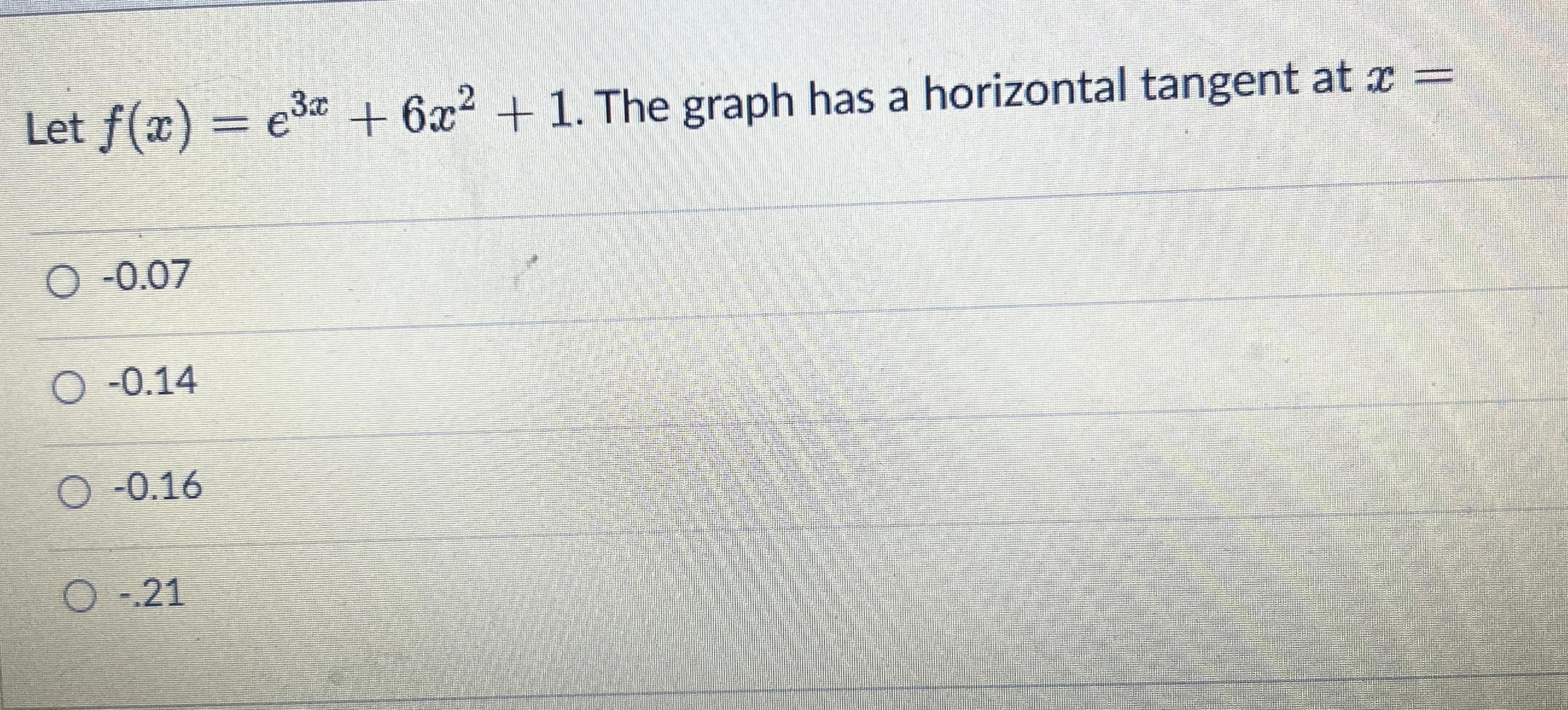 Solved Let f(x)=e3x+6x2+1. ﻿The graph has a horizontal | Chegg.com
