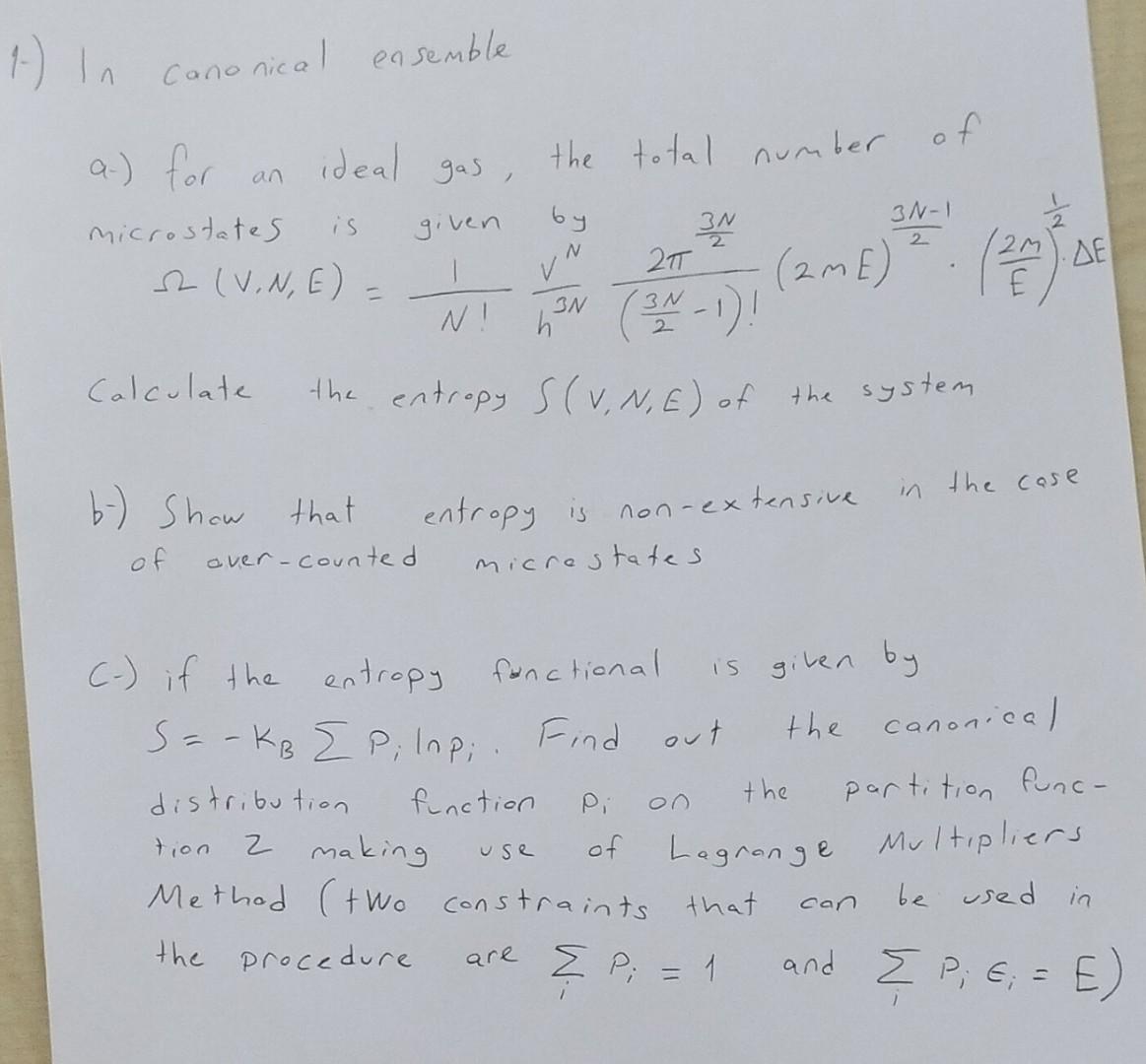 Solved In canonical ensemble a-) for an ideal gas, the total | Chegg.com