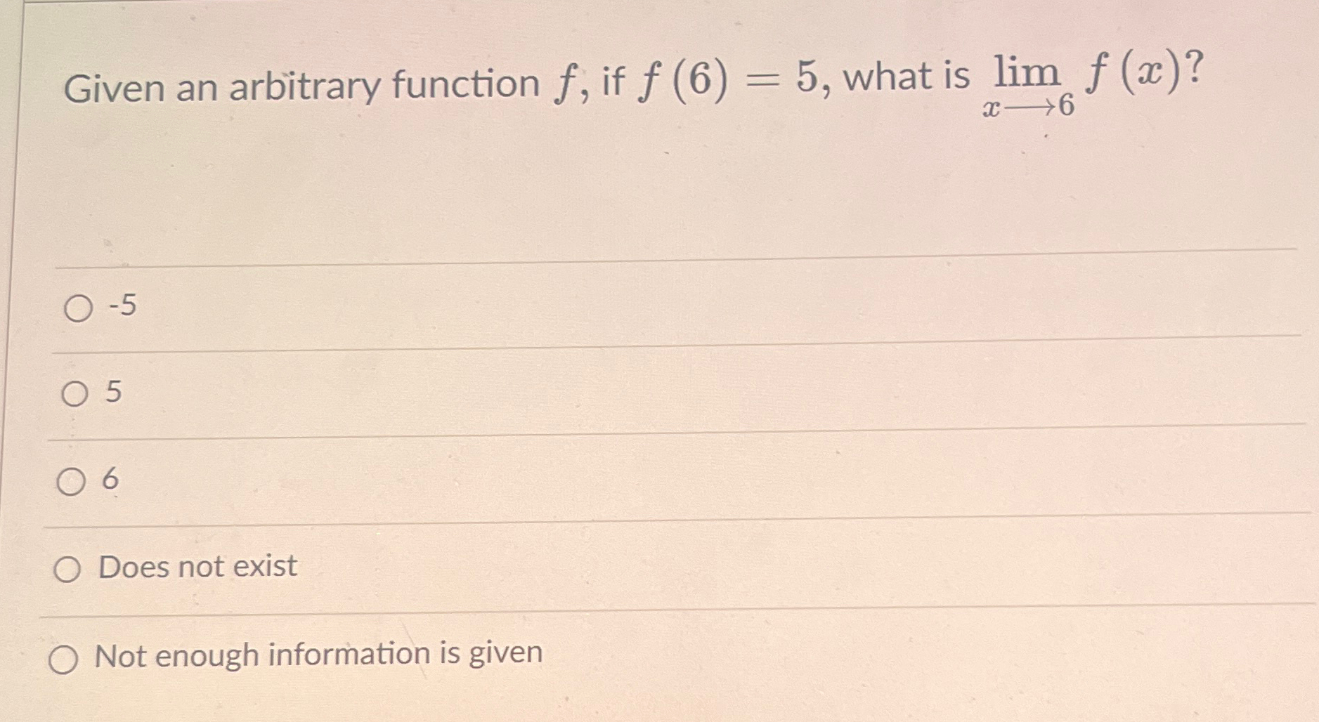 Solved Given an arbitrary function f, ﻿if f(6)=5, ﻿what is | Chegg.com