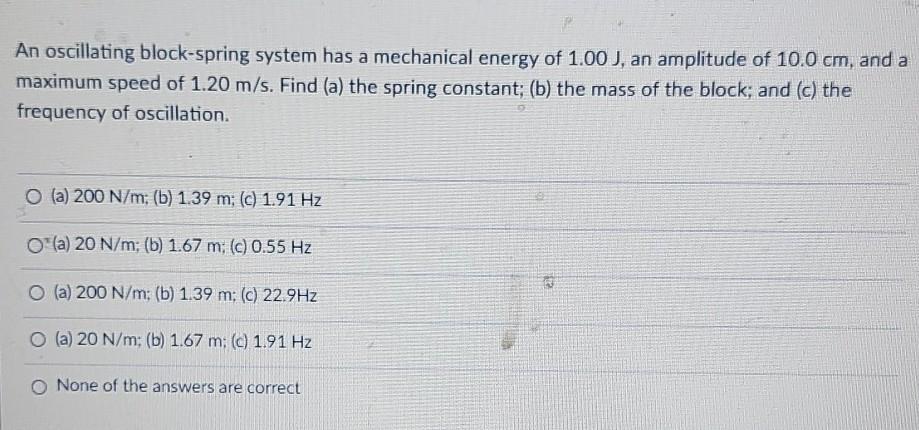 Solved An oscillating block-spring system has a mechanical | Chegg.com