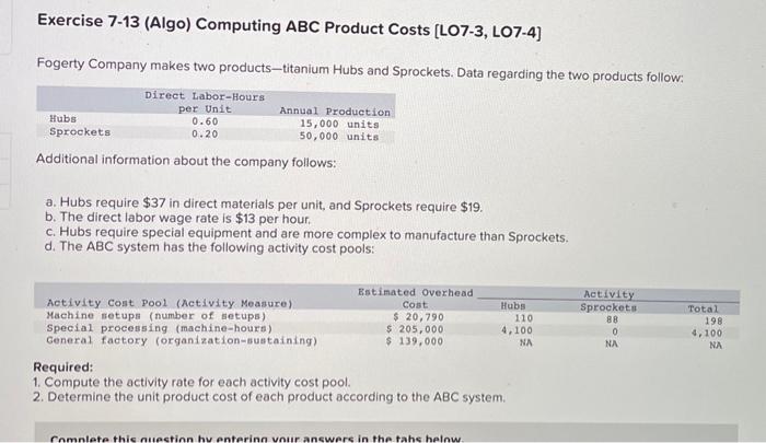 Solved Exercise 7-13 (Algo) Computing ABC Product Costs | Chegg.com