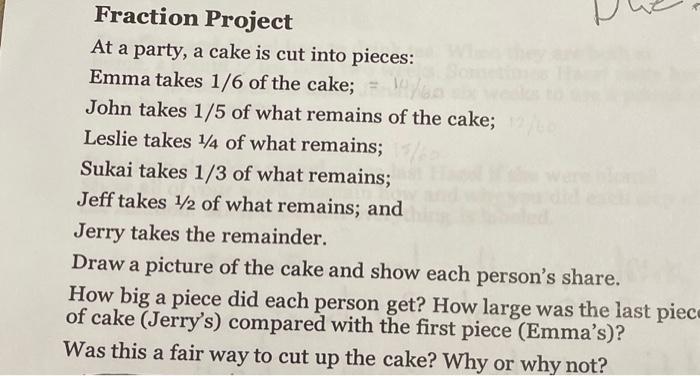 Solved Fraction Project At a party, a cake is cut into | Chegg.com