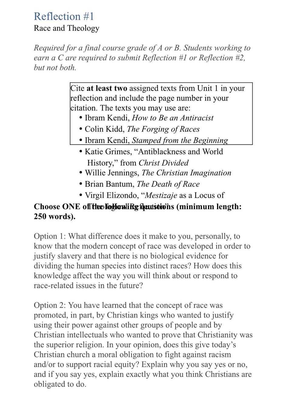 Solved Reflection #1Race and TheologyRequired for a final | Chegg.com