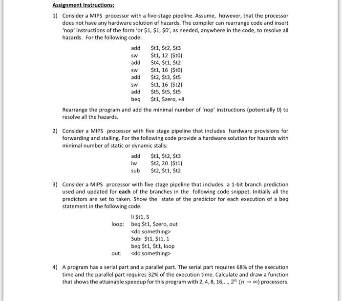 Solved Sw sw sw Assignment Instructions: 1) Consider a MIPS | Chegg.com