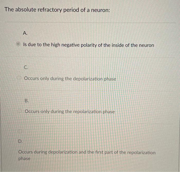 Solved The absolute refractory period of a neuron: A. Is due | Chegg.com