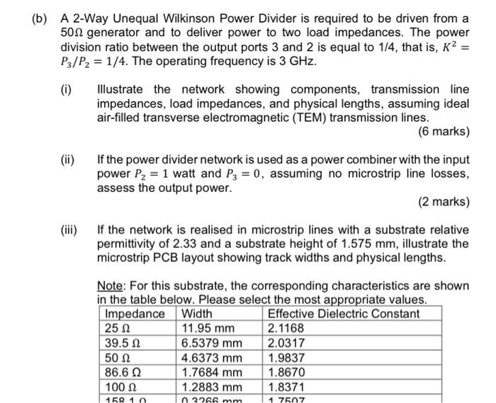 Solved (b) A 2-Way Unequal Wilkinson Power Divider is | Chegg.com