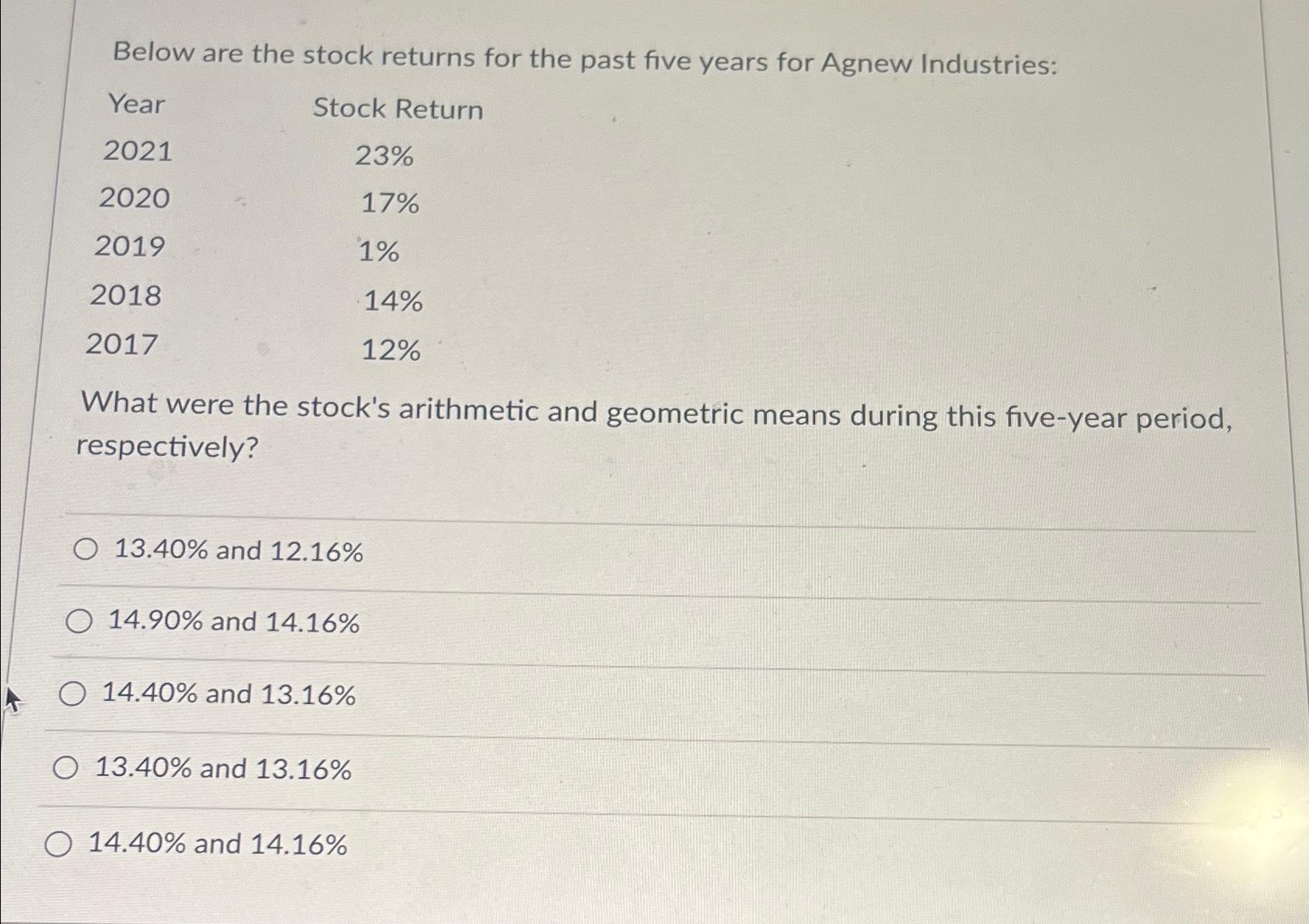 Solved Below are the stock returns for the past five years | Chegg.com