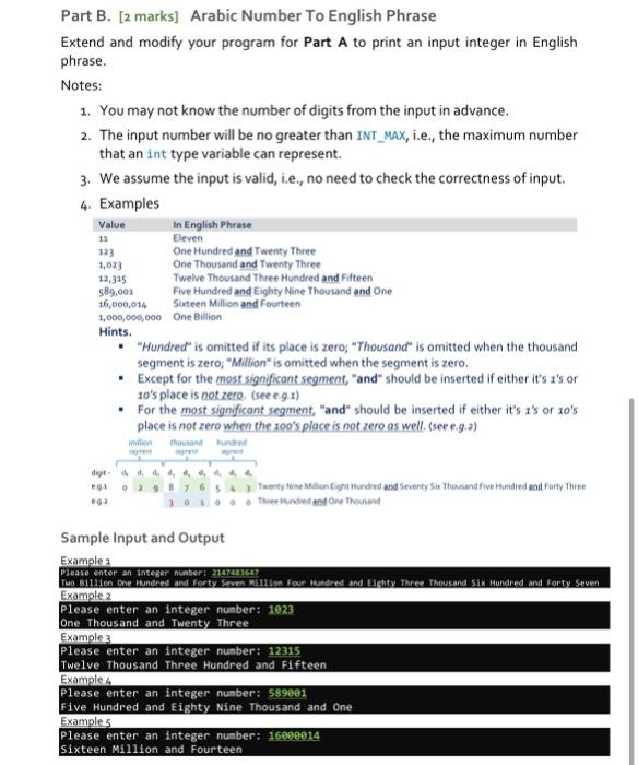 Solved Part B. [2 marks] Arabic Number To English Phrase | Chegg.com