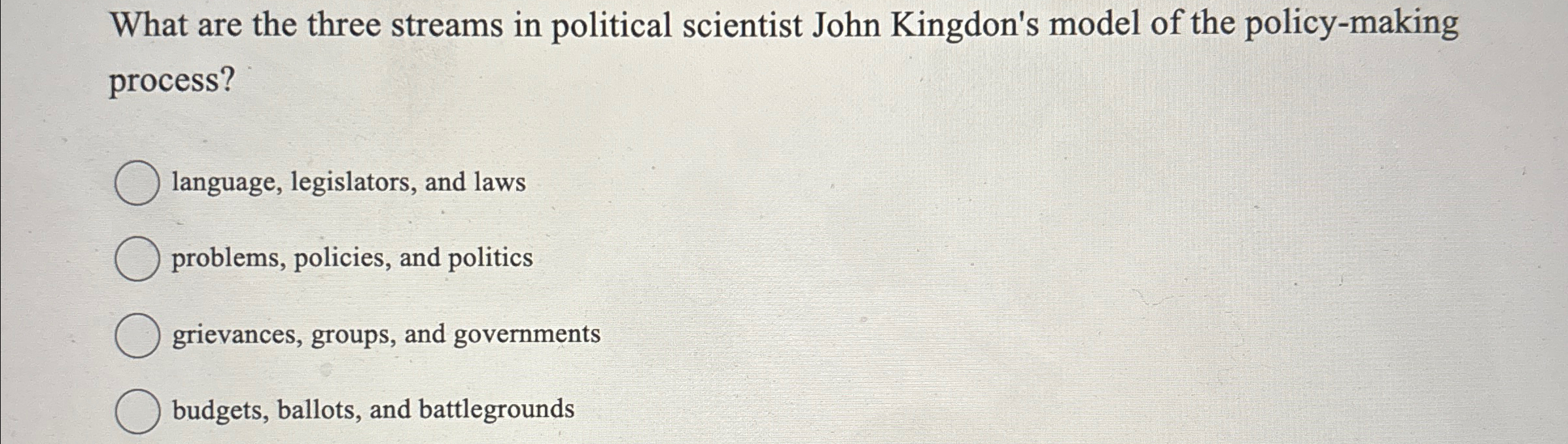 Solved What are the three streams in political scientist | Chegg.com