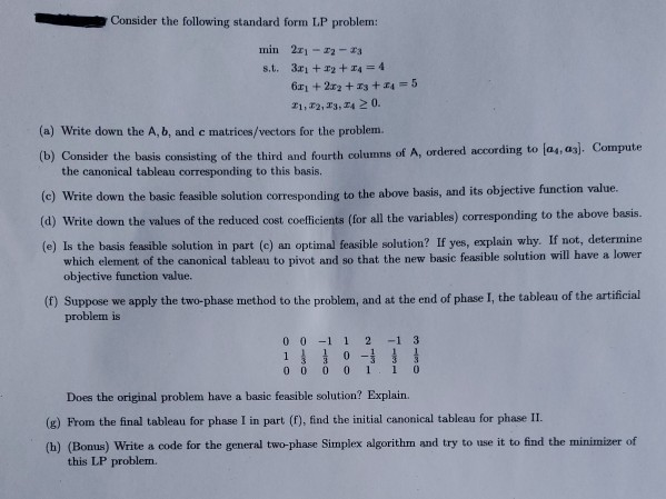 Consider the following standard form LP problem: min | Chegg.com