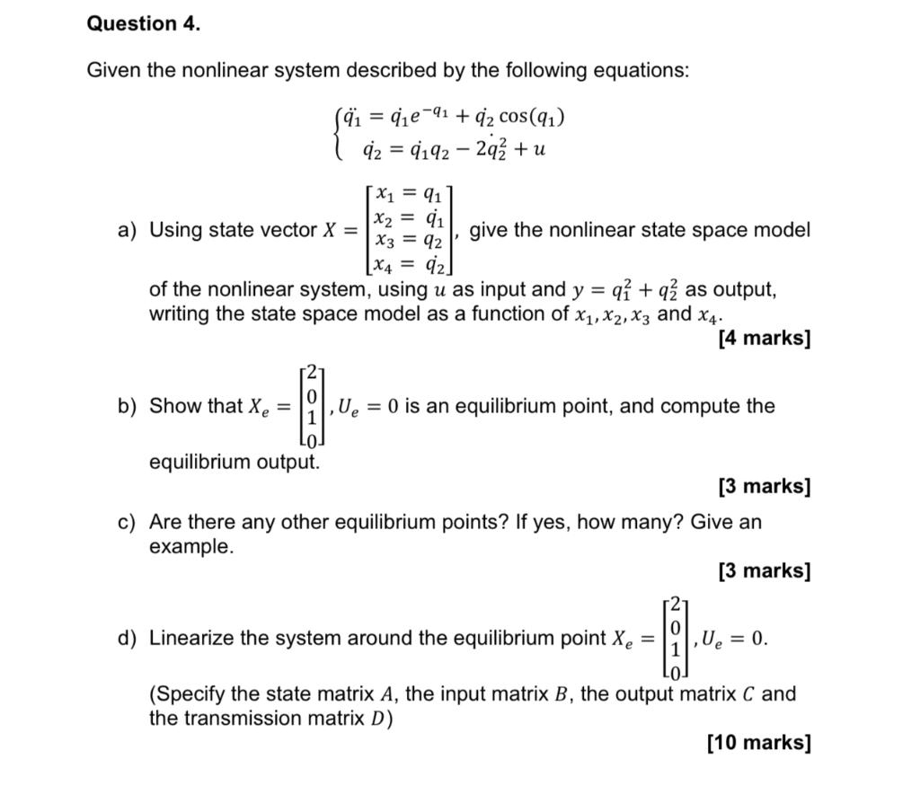 Solved Question 4.Given the nonlinear system described by | Chegg.com