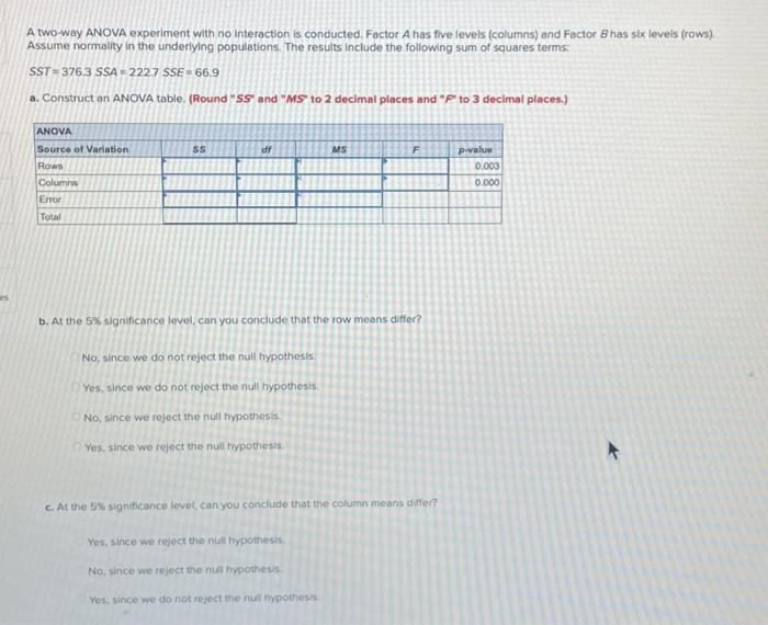 Solved A two-way ANOVA experiment with no interaction is | Chegg.com