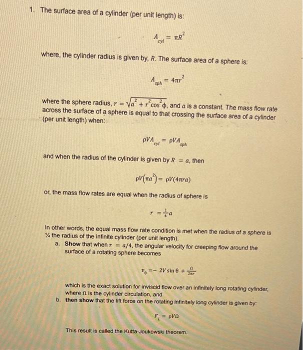 Solved 1. The surface area of a cylinder (per unit length) | Chegg.com