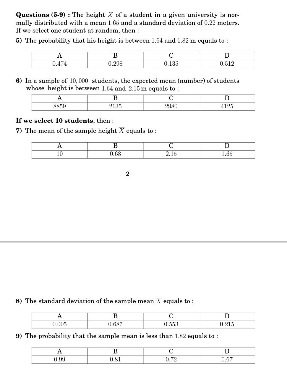Solved Questions (5-9) : The height X of a student in a | Chegg.com
