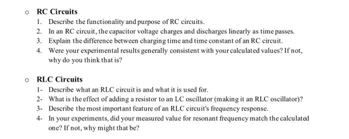 Solved RC Circuits 1. Describe the functionality and purpose | Chegg.com