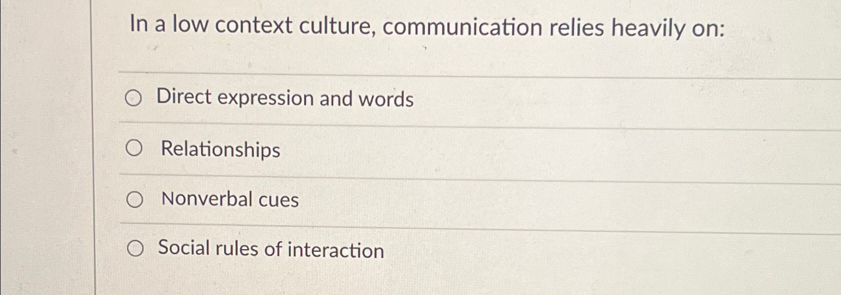 Solved In a low context culture, communication relies | Chegg.com