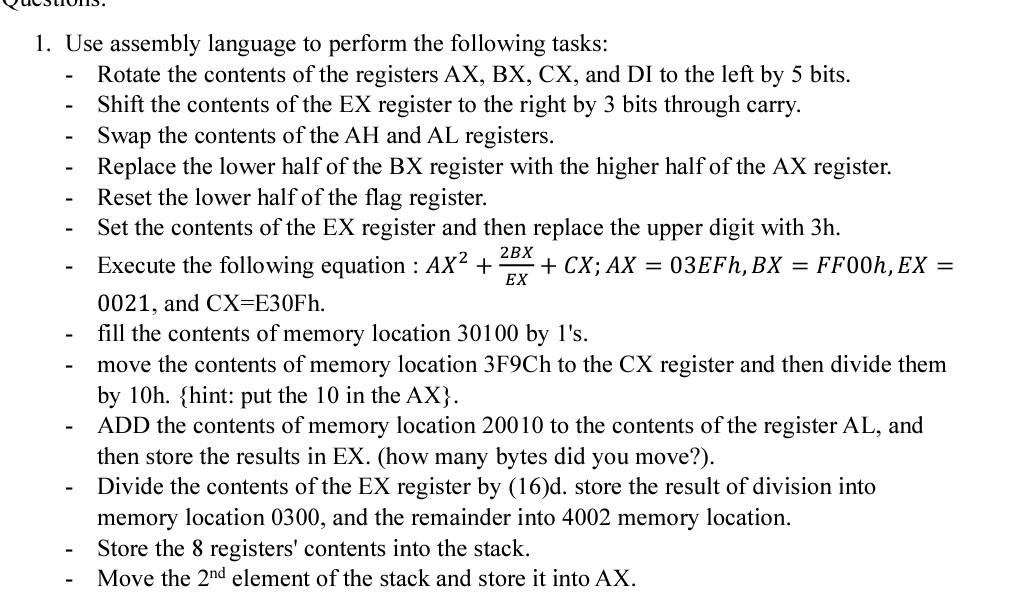 Solved 1. Use assembly language to perform the following | Chegg.com