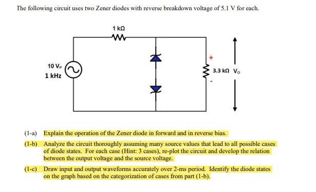 Solved The following circuit uses two Zener diodes with | Chegg.com